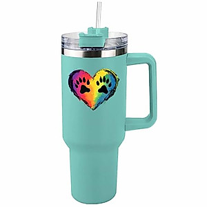 40 ounce insulated cup with handle, double-layer vacuum stainless steel material, equipped with straw, can keep warm or maintain cold drinks Love Rainbow Paw Animal 2 Lake Green