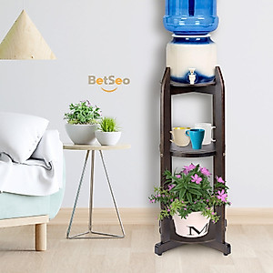 BETSEO Natural Solid Wood Water Dispenser Floor Stand (32.8" Hight-11.2" Wide) Drink Dispenser Floor Stand with 3 Round Shelfs Included for 1-5 Gallon Water Bottles/Crocks, Water Jug (Walnut Color)