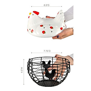 HOME-X Chicken Egg Basket for Egg Storage, Ceramic and Iron Decorative Basket with Chicken Design, Farmhouse Kitchen Decor, Holds 20–25 Eggs, Strawberry Print