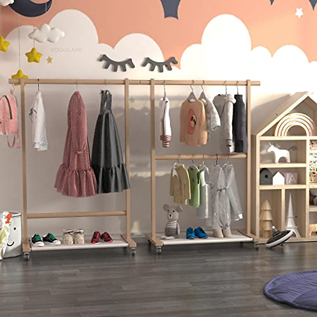 VOGUSLAND Dress Up Rack with Storage Shelf, Kids Clothing Rack with Caster Wheels, Child Garment Rack for Small Space