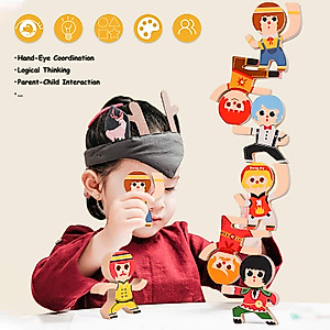 Naughtybro Wooden Stacking Balancing Blocks Building Games, Kung Fu Boy Hercules Acrobatic Troupe Interlock Balance Toys Gift for Toddlers Kids & Teens 14 Pieces