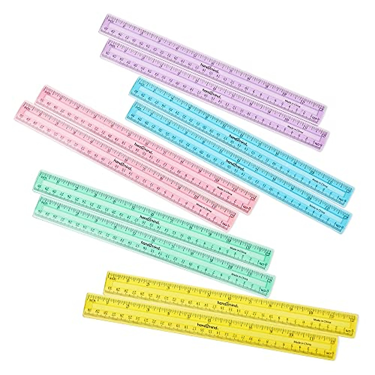 hand2mind 12 inch Multicolored, Transparent, Semiflexible Safe-T Plastic Rulers (Pack of 10)
