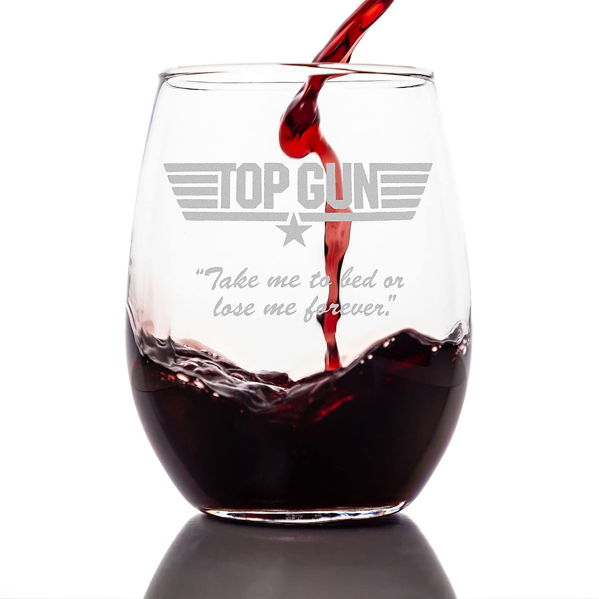 Top Gun Etched Stemless Wine Glass - with Logo & Quote "Take me to bed" - Officially Licensed, Premium Quality, Handcrafted Glassware, 15oz., Perfect Collectible Gift for Movie Enthusiasts