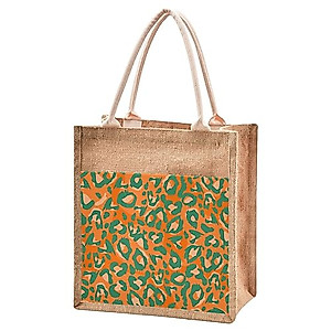 Jute Burlap Tote Bag Green Orange Leopard Skin Texture Striped Animal Vintage Large Capacity Reusable Grocery Shopping Storage Bag