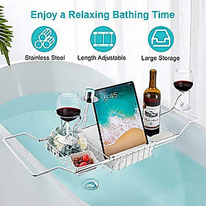 Bath Tray for Tub, Adjustable Bathtub Caddy Tray with Extending Side, Metal Bathtub Shelf Expandable Storage Rack Organizer with Wine Glass and Phone Holder for Home Bathroom Luxury Bathing, Silver