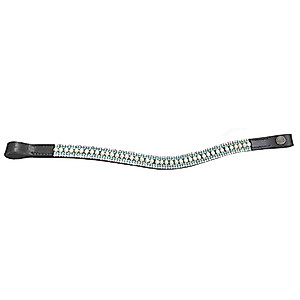Saddles World Fancy Black Leather Center Light Blue & White Pearl with Clear Crystals Horse Bridle's Browband - Cob Size