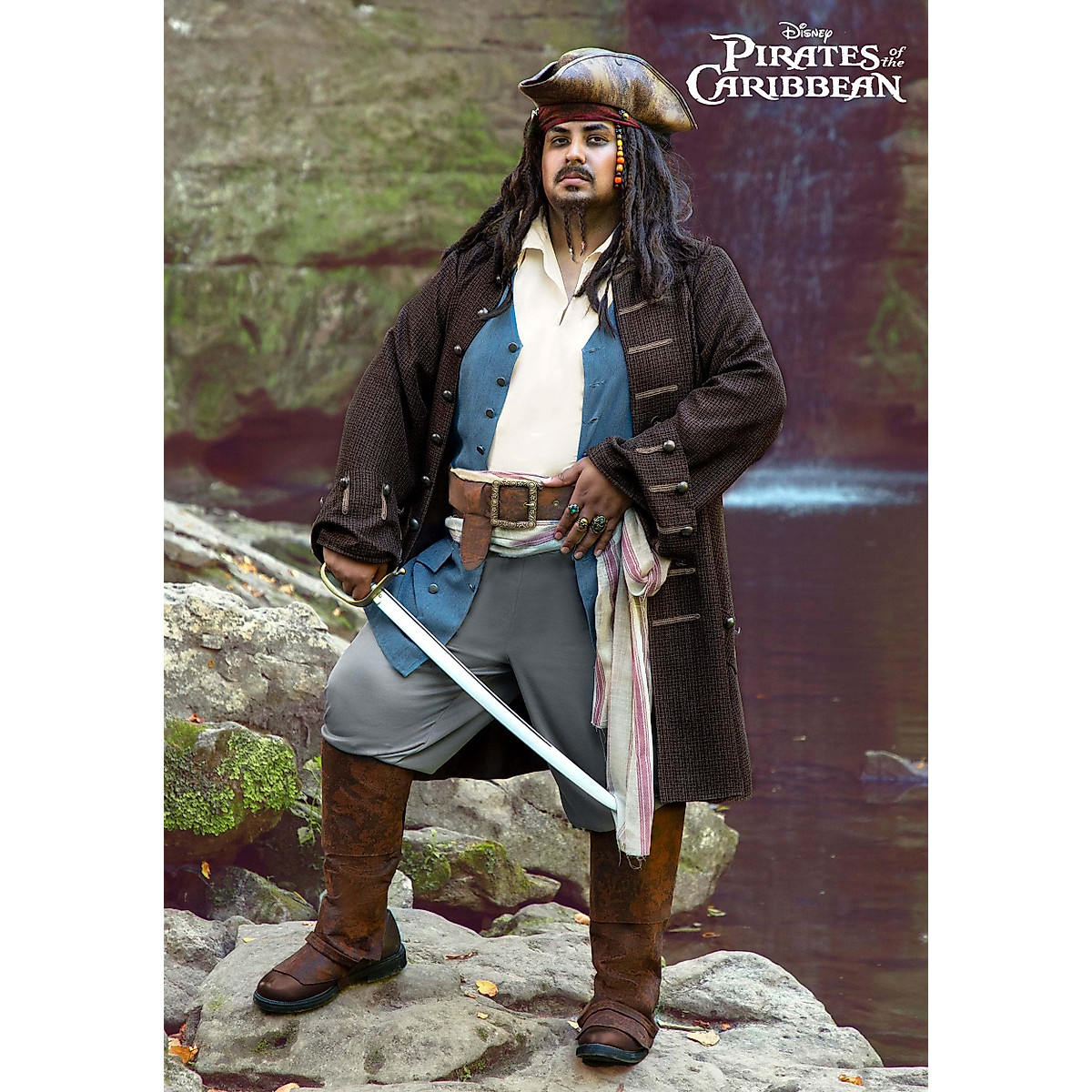 Plus Mens Deluxe Jack Sparrow Pirate Costume, Disney Pirates of The Caribbean Captain Jack Sparrow Adult Costume 4X Brown