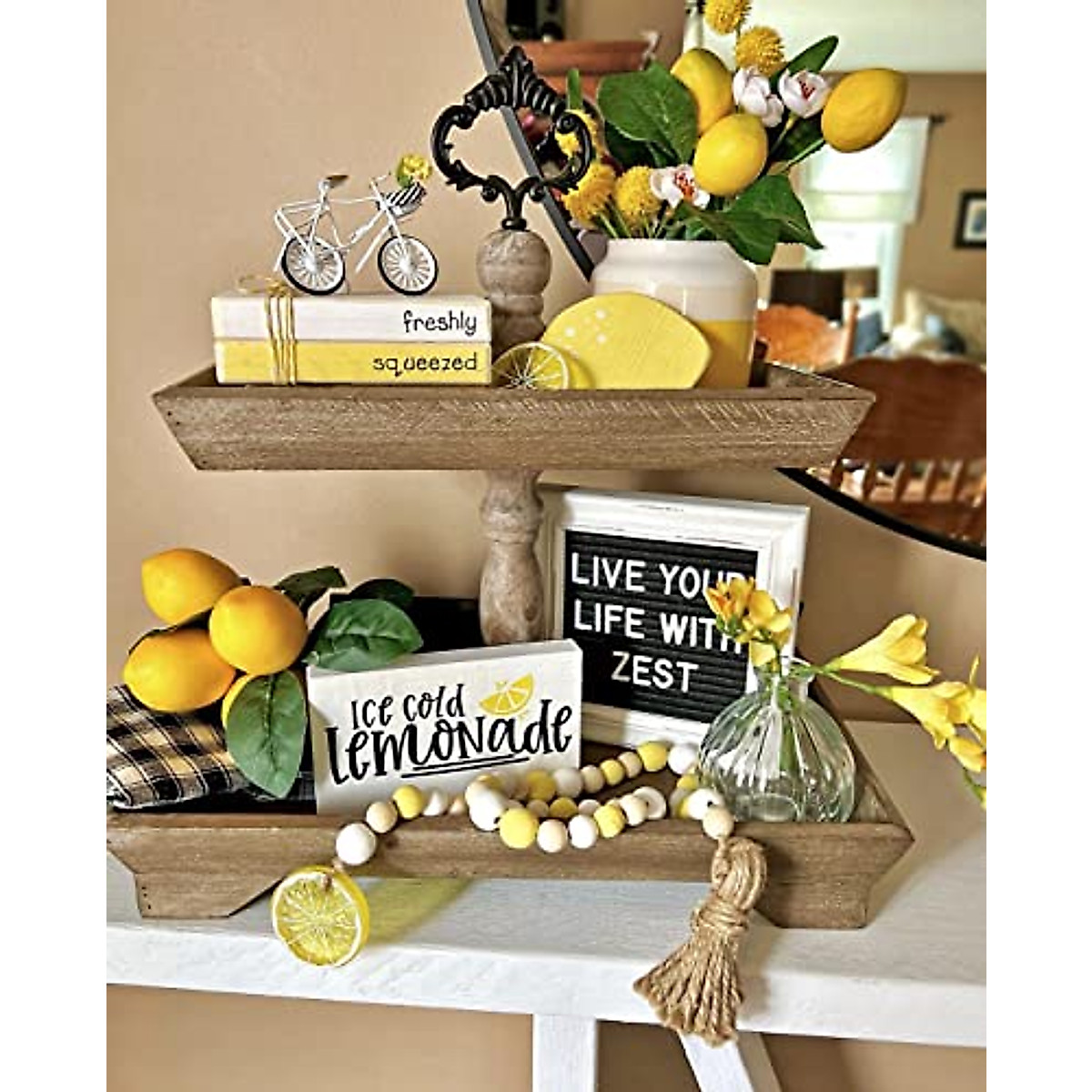 Felt Creative Home Goods Rustic Wood Two Tiered Tray, Rectangle 2 Tier Serving Tray for Coffee Bar, Kitchen Counter, Dining Room Table, Cupcake Stand, Holiday and Farmhouse Decor (Rustic Brown)