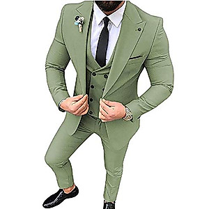 Men's Peak Lapel Sage 3 Piece Slim Fit Business Suit Prom Tuxedos Wedding Groomsmen 40/34