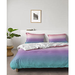 Chucoco Full Duvet Covers Set Pink Purple Teal Color Gradient 4 Pcs Bedding Sets Brushed Microfiber Quilt Covers Lightweight Cozy Flat Sheet with 2 Pillowcases Ombre Colored Abstract Art