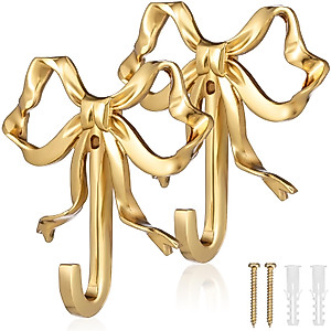 Gadpiparty 2Pcs Bow Hook Decorative Wall Hooks Bowknot Coat Hook Gold Towel Robe Hook Hanging Brass Hooks for Home Bedroom Bathroom Office Outdoor (2.63 inches)
