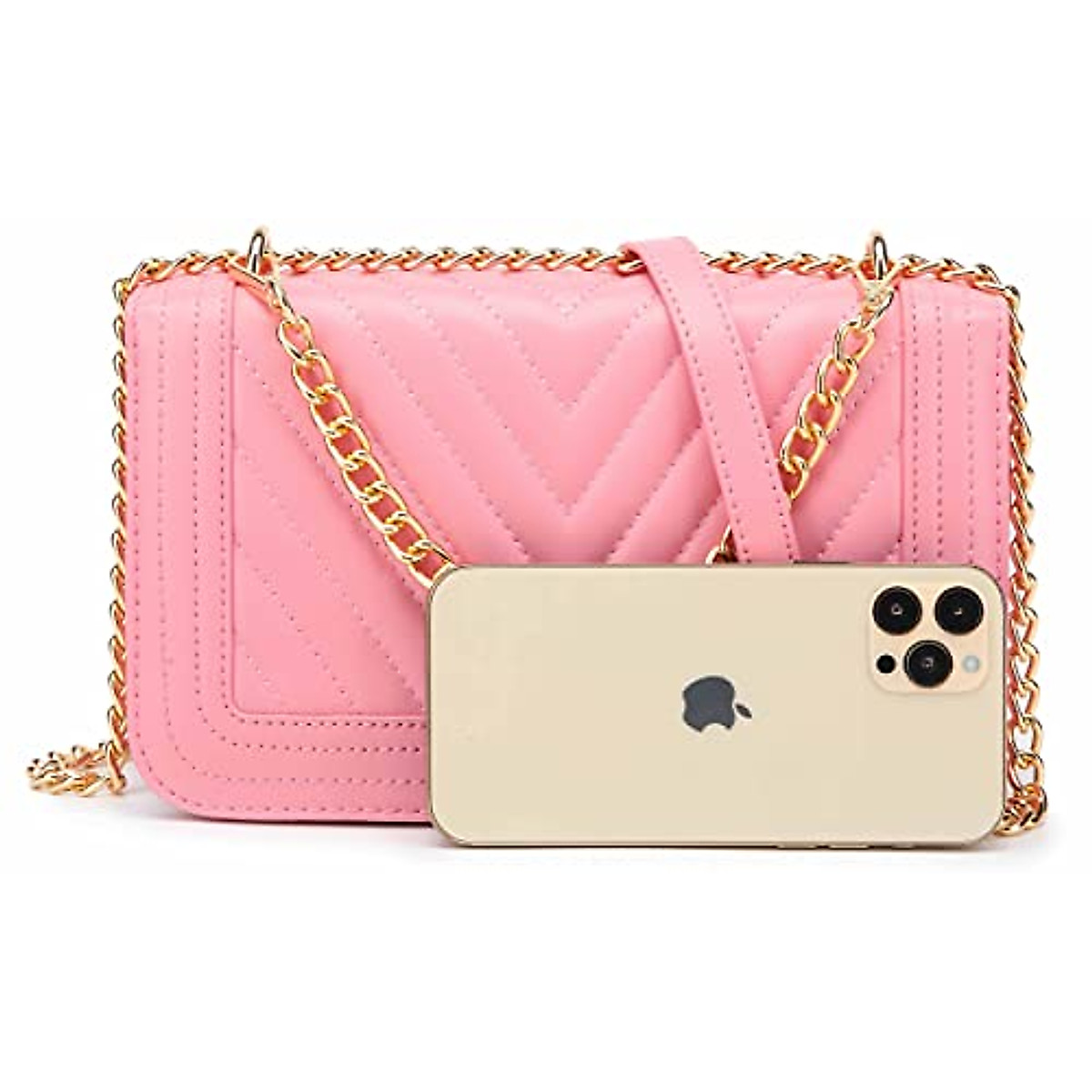 lola mae Crossbody Bags for Women Fashion Quilted Shoulder purse with Convertible Chain Strap Classic Satchel Handbag (Pink-715)