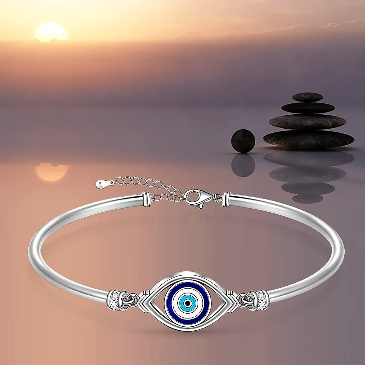 Evil Eye Bracelet for Women Sterling Silver Greek Turkish Blue Evil Eye Bangle Bracelets Adjustable Good Luck Protection Jewelry White Gold Cute Mothers Day Gifts