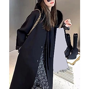 OUSHOP Women's Double-Sided Cashmere Coat Hooded Warm Wool Coat Hidden Button Windbreaker Coat with Fur Collar,Black,M