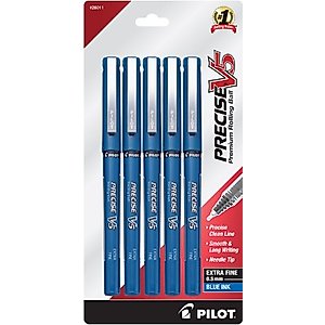 PILOT Precise V5 Stick Liquid Ink Rolling Ball Stick Pens, Extra Fine Point (0.5mm) Blue Ink, 5-Pack (26011)