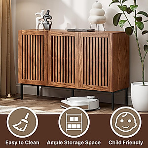 BVIUNTWO Storage Cabinet,47.2" Farmhouse Buffet Cabinet with Metal Base and Adjustable Shelves,Sideboard Coffee Bar Cabinet with 3 Doors for Kitchen,Dining Room,Living Room,Brown