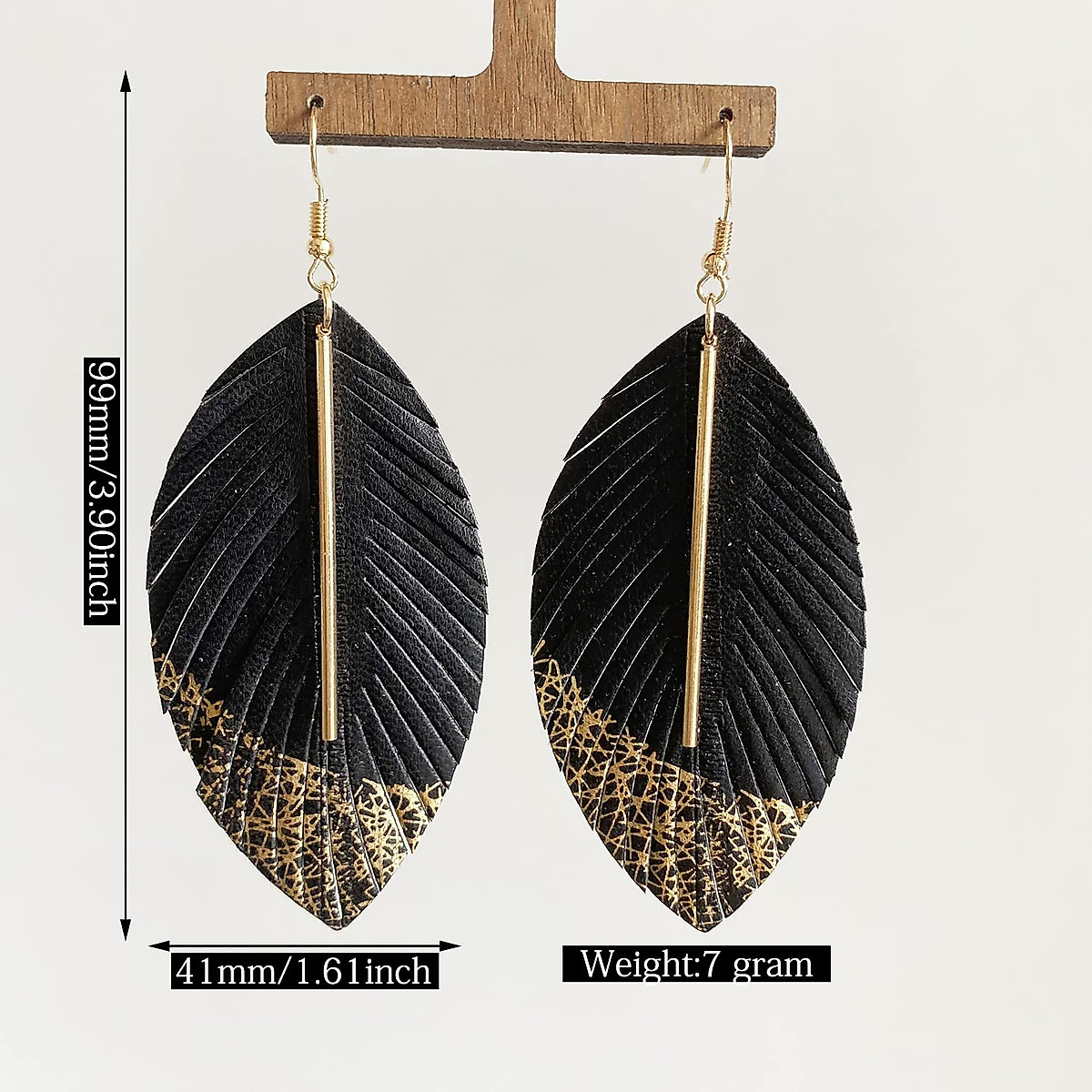 Handmade Bohemian Lightweight Soft Genuine Leather Feather Leaf Dangle Drop Earring Sparkle Real Leather Large Leaf Hook Earrings With Simple Drop Metal Bar for Women Statement Jewelry Gifts (Black Color)
