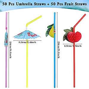 [100 Pcs] Fruit Cocktail Drink Umbrella Straws - Disposable Party Drink Umbrella Hawaiian Straws Luau Party Decorations Supplies