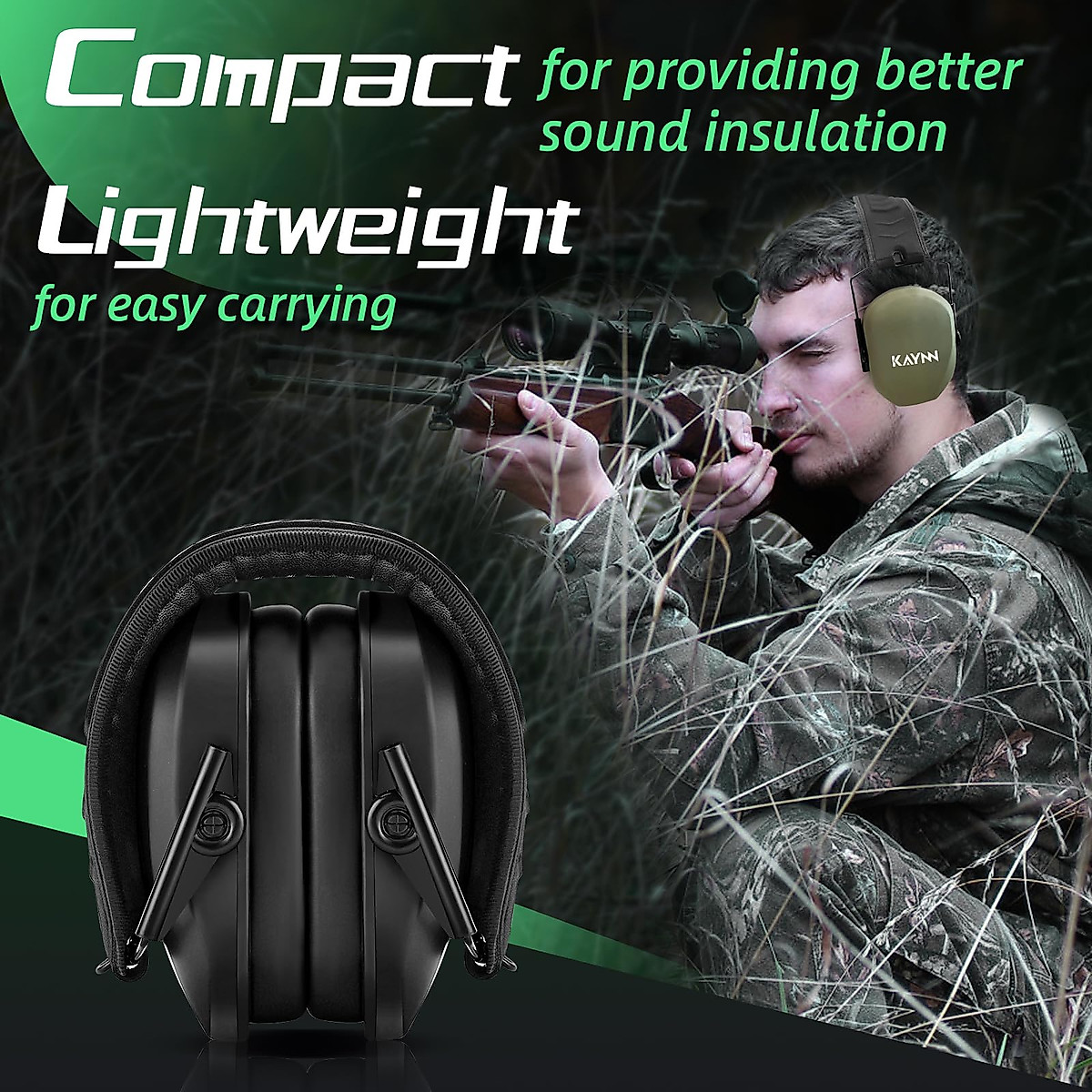 KAYNN 018 Ear Protection 2 Pack Hearing Protection for Shooting Gun Range,27dB NRR Noise Cancelling Safety Ear Muffs for Shooting Mowing(2Pack-Black&Green)