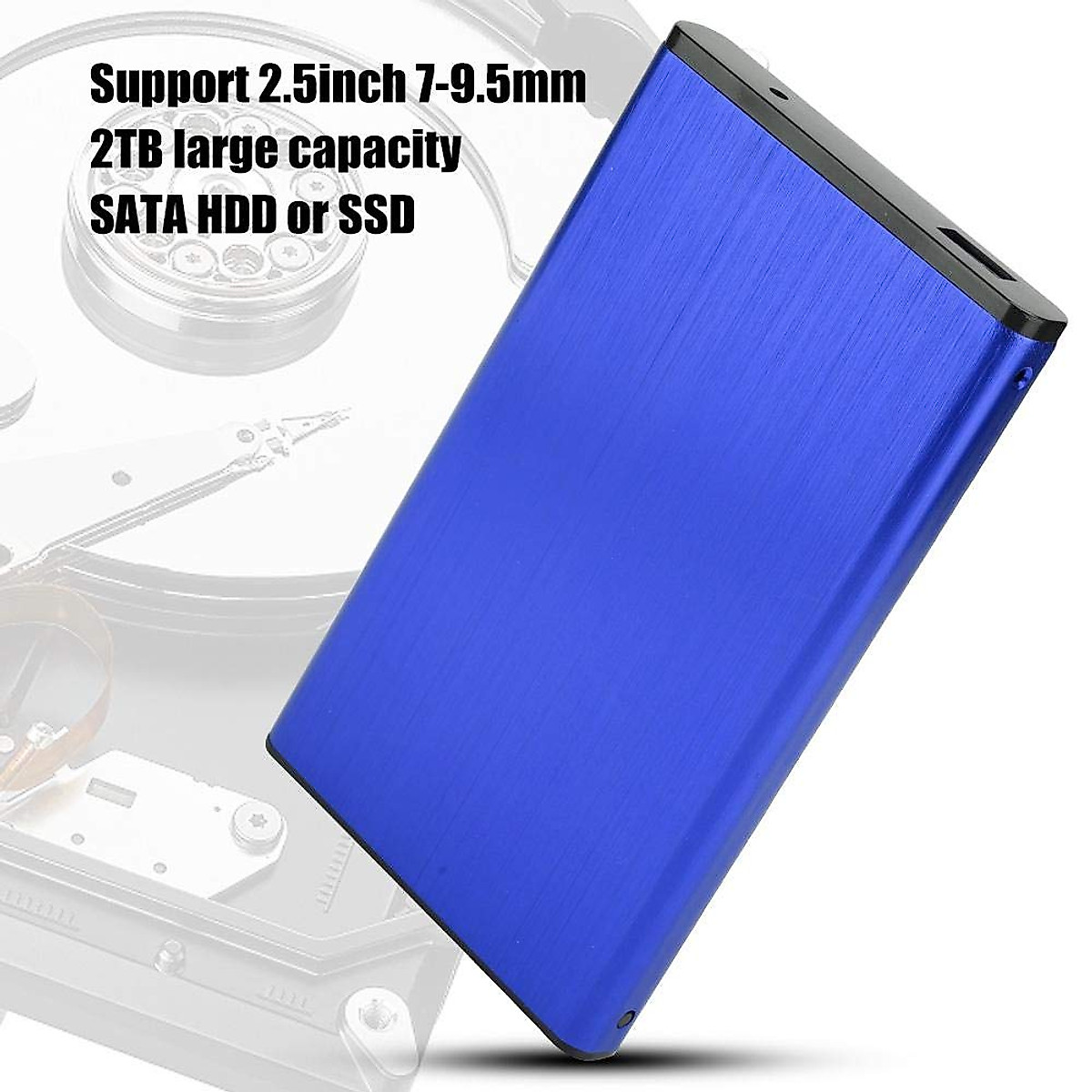 2.5inch USB2.0 Mobile HDD Case,External Mobile Hard Disk Case Box,Aluminum Alloy Brushed Fit for 2TB HDD SSD,Plug-and-Play, with LED Indicator(Blue)