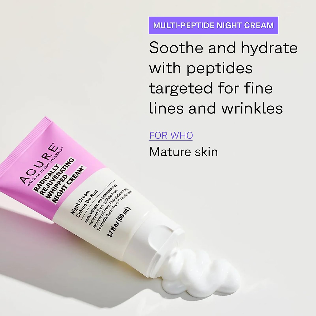 ACURE Radically Rejuvenating Whipped Night Cream - Anti-Aging Support, Multi-Peptides, Ferulic Acid & Vitamin C - Ultimate Night Repair, Hydrate and Rejuvenate - Vegan Plant Based-Infused - 1.7 Fl Oz