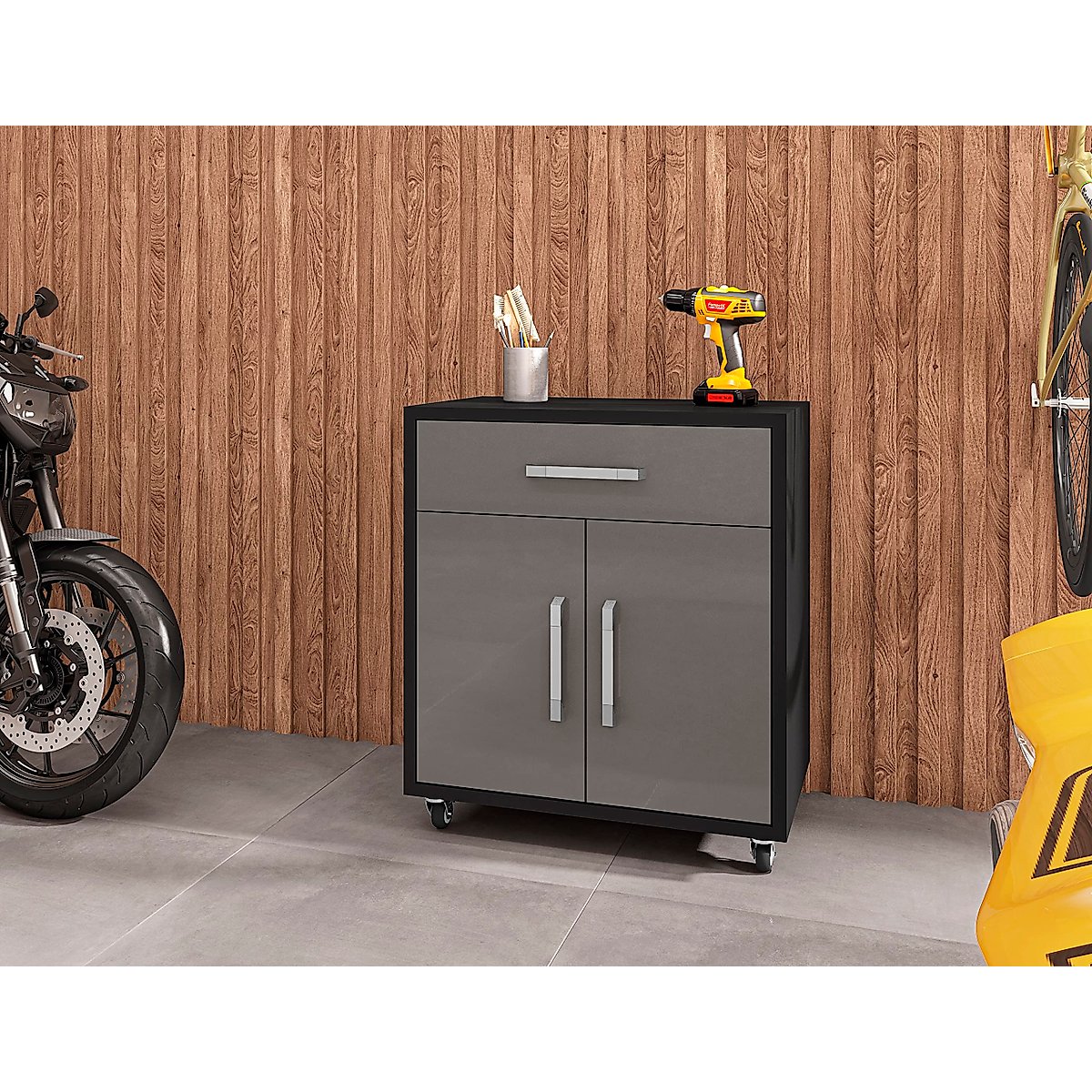 Manhattan Comfort Eiffel Garage Work Station Set of 3 in Matte Black and Gray