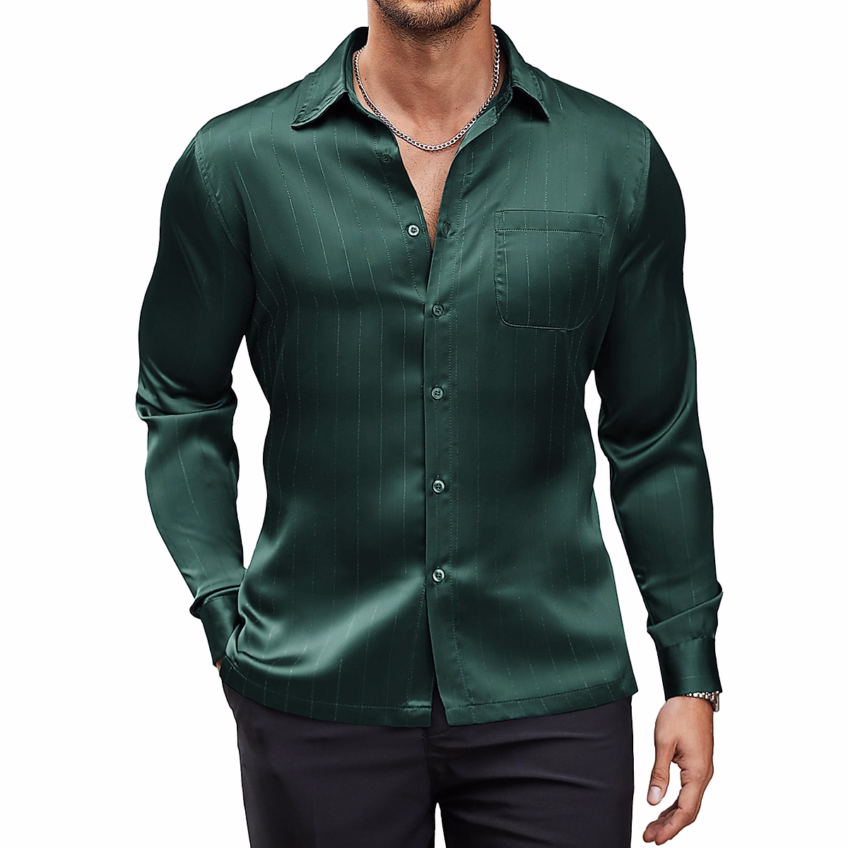 COOFANDY Men's Luxury Dress Shirts Long Sleeve Satin Silk Like Shirt Wedding Prom (Army Green, Large)