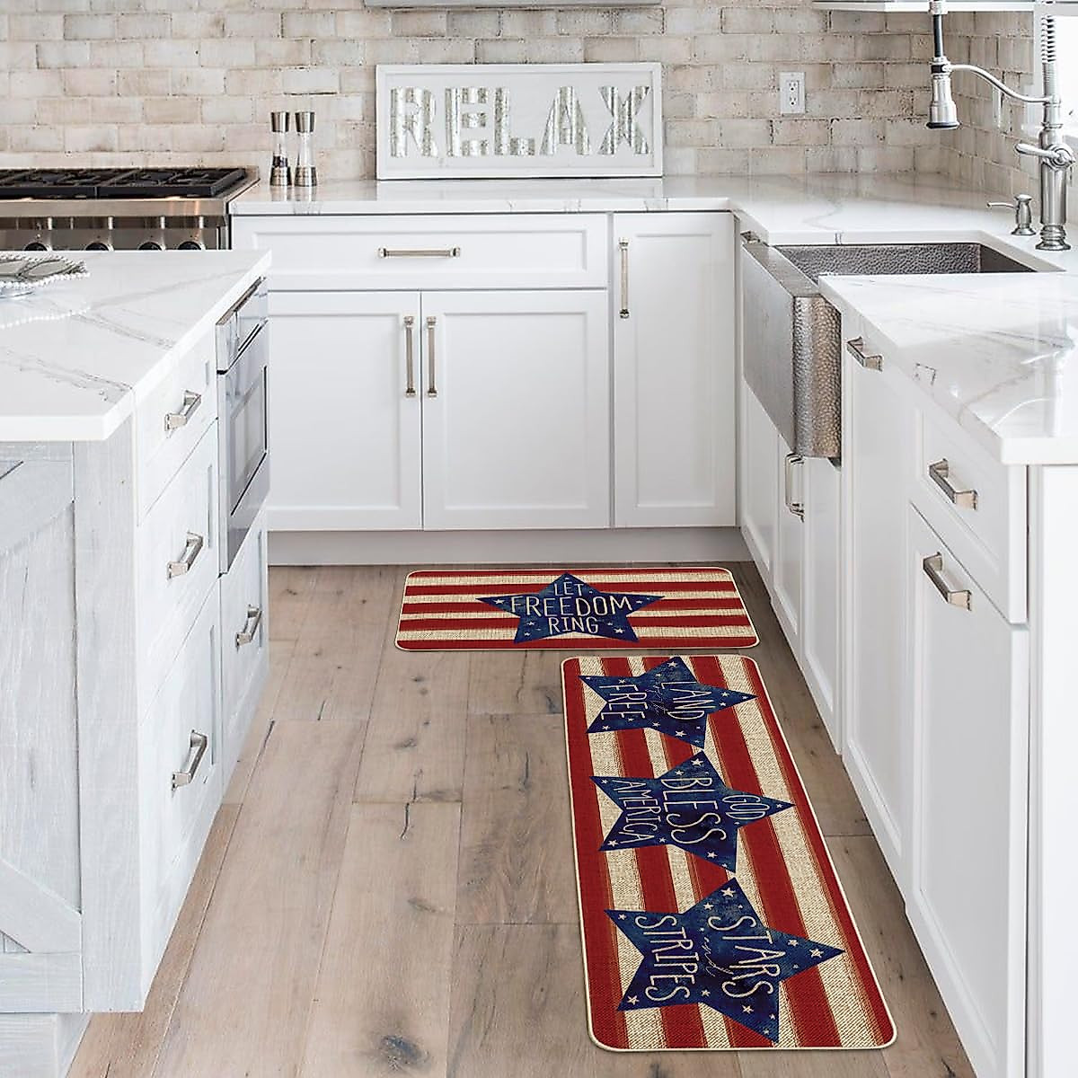 Artoid Mode Stripes Let Freedom Ring Kitchen Mats Set of 2, 4th of July Patriotic Liberty - 17x29 and 17x47 Inch