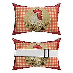 Recliner Head Pillow Ledge Loungers Chair Pillows with Insert Retro Rooster Sunflower Plaid Polka Dot Lumbar Pillow with Adjustable Strap Outdoor Waterproof Patio Pillows for Beach Pool, 2 PCS