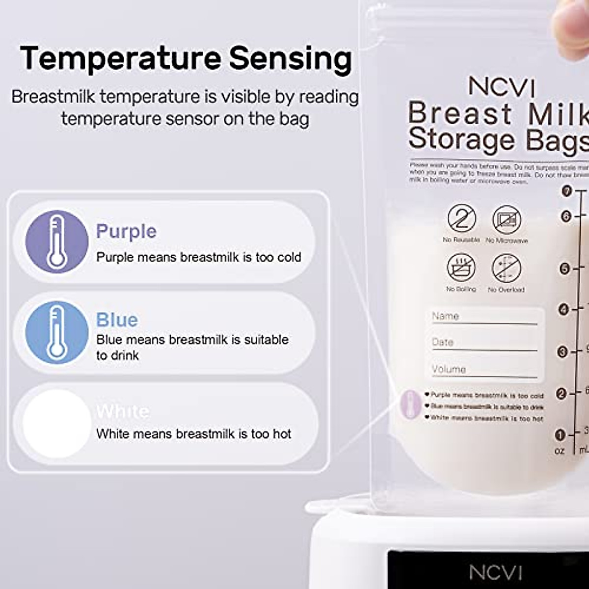 NCVI Breastmilk Storage Bags, 25 Count Milk Storage Bags for Breastfeeding, 7oz Breast Milk Storage Bags with Temp-Sensing, Doubled-Sealed, Hygienically, Self Standing, Easy Pour Spout, BPA Free