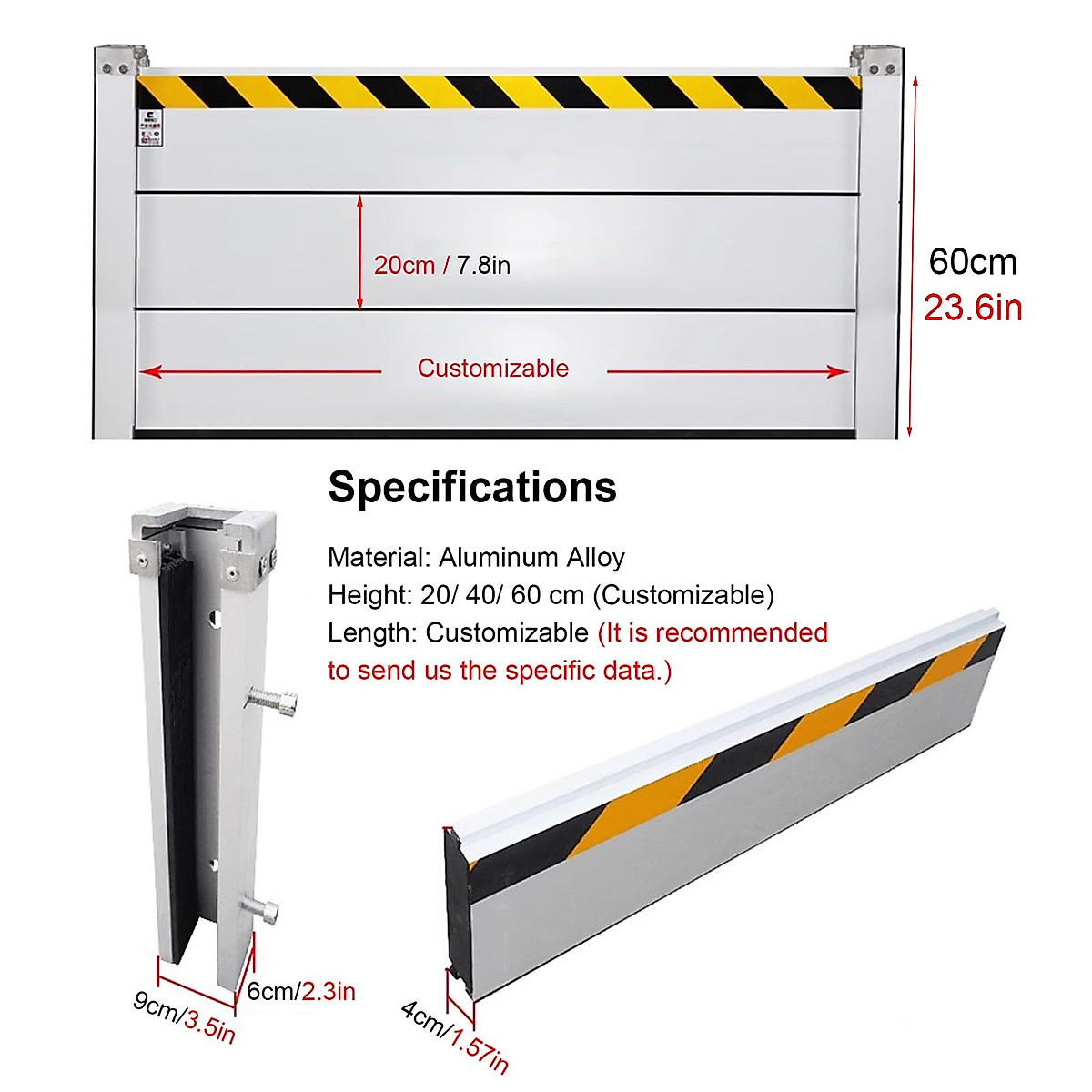 Garage Door Rain Water Barrier, 23.6in Tall Reusable Flood Control Barriers for Outside Home/ Yard / Switch Room / Stairway/ House Door, Aluminum Threshold Seal Water Baffle Dam ( Color : H 23.6in/60c
