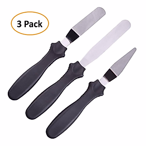Naranqa Professional Offset Spatula Set with Plastic Handle - 3-Piece Stainless Steel Icing Spatula Variety Set & Cake Decorating Tools, Flexible Resistant Blades, 2 Angled and 1 Straight