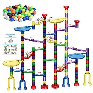 FUN LITTLE TOYS 154PCS Marble Run Set Toys for Kids, Gravity Marbles Maze Tower Building Blocks 98 Plastic Pieces 56 Glass Marbles, Marble Race Track Rolling Game, Educational Learning STEM Toy Gift