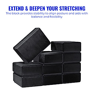 Hello Fit 3" Yoga Block, 10 Pack Bulk EVA Foam Yoga Blocks, Firm and Supportive Yoga Brick for Schools and Studios, Balance Foam for Stretching, Pilates, and Workout, 3" x 6" x 9", Black