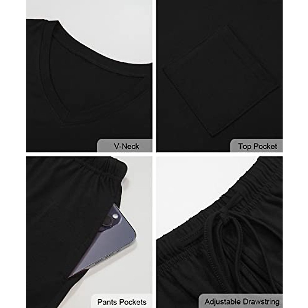 RUBZOOF Two Piece Outfits for Women Short Sleeve V Neck Casual Summer Pjs Lounge Sets Black XL