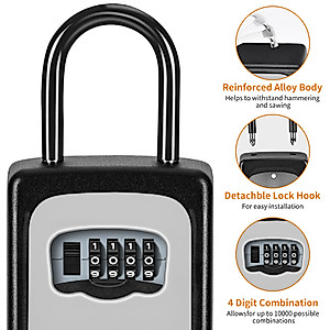 Portable Key Lock Box, Upgrade Clearly Visible Numbers, Lock Box Wall Mounted for House Key, 5 Key Capacity, Weatherproof Resettable Code (1 Pack, Gray)