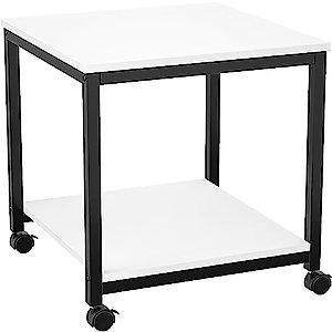 Homieasy Mobile 20 Inch Square End Table, 2-Tier Mini Fridge Printer Stand with Lockable Wheels, Metal Wood Accent Modern Simple Industrial Style Side Table for Living Room Bedroom, White