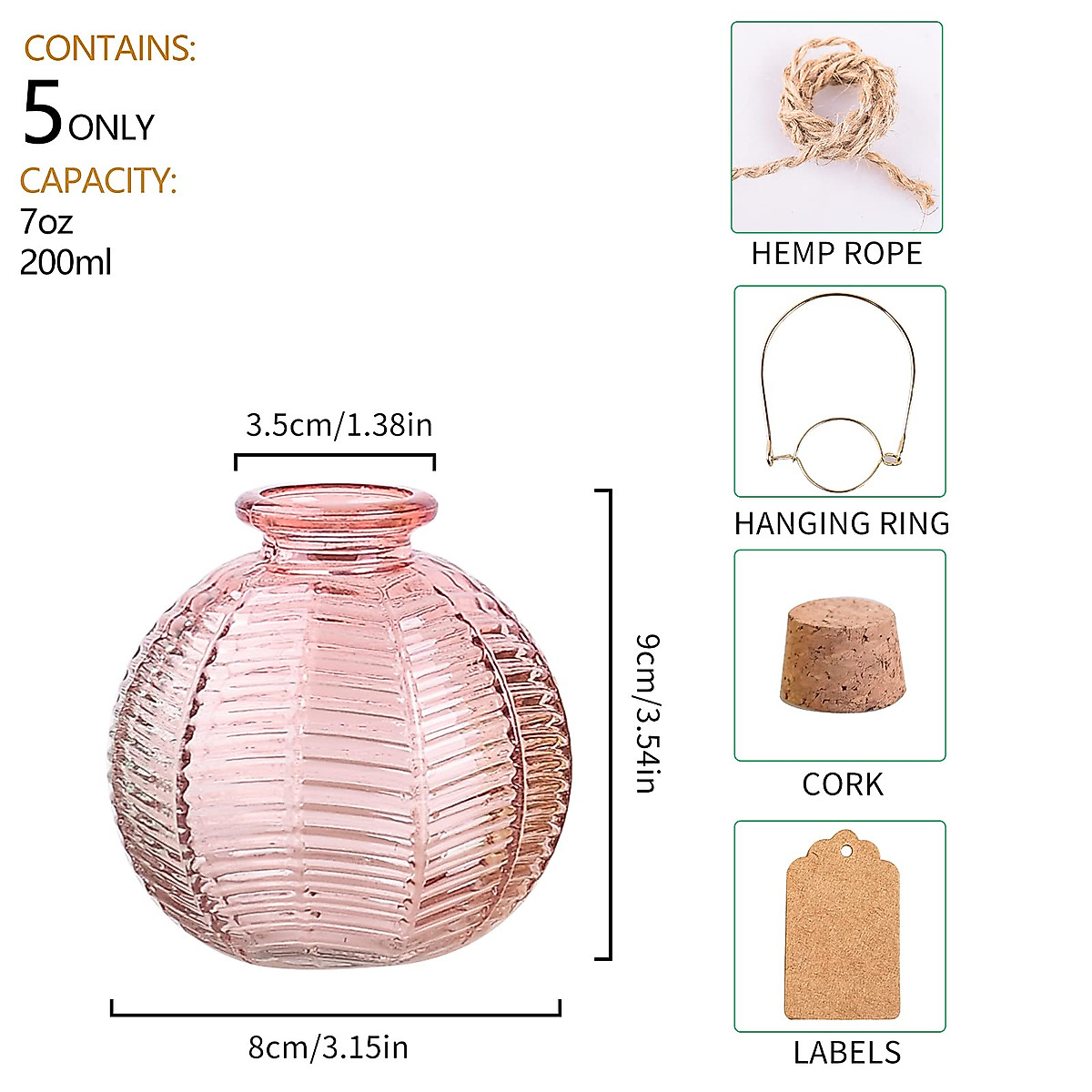 ELEGANTTIME Single Glass Bud Vase Pink Glass Vases for Centerpieces Decor Glass Flower Vase Bottle with Crok Wire Iron Handle Design for Cafes, Office Table, Home and Garden
