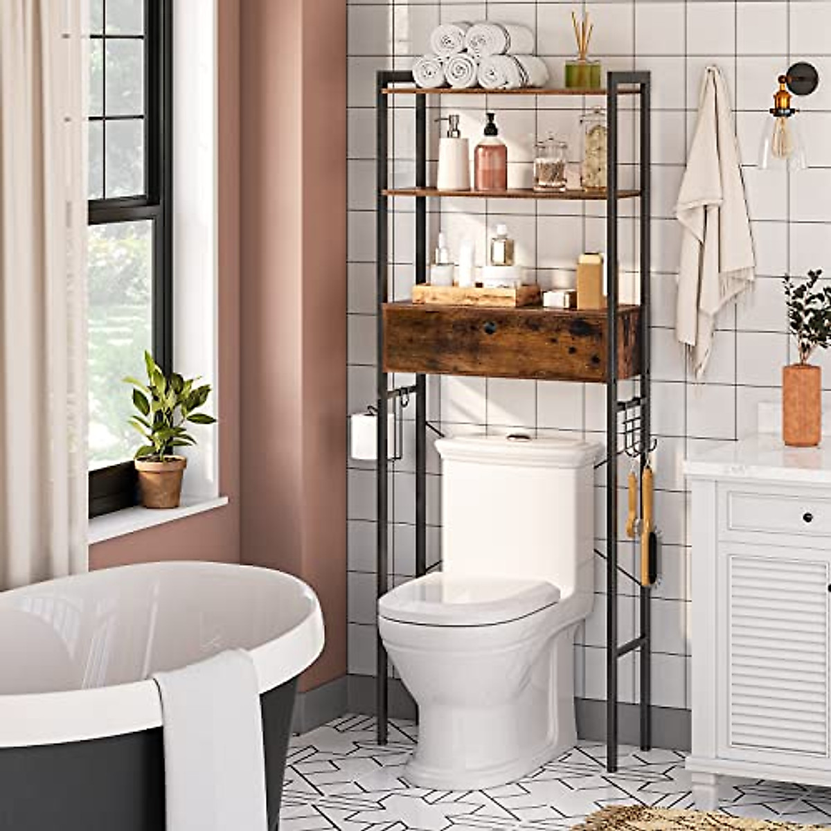 HOOBRO Over The Toilet Storage, 3 Tier Bathroom Organizer Shelf with Drawers, Freestanding Bathroom Space Saver with Toilet Paper Holder and Hook, Saving Space, Rustic Brown BF45TS01