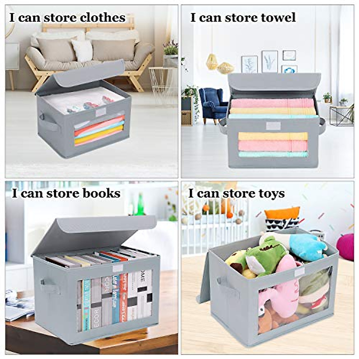 DIMJ Storage Bins with Lids, 4 Pack Fabric Storage Baskets with Handle, Collapsible Closet Organizer Bins Storage Box with Window for Clothes, Toys, Books, Closet, Shelves, Kids Room, Office
