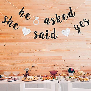 He Asked She Said Yes Banner, Black Glitter Bunting Sign for Engagement, Wedding, Bride to Be, Groom to Be, Bridal Shower, Valentine's Day Party Decorations Supplies