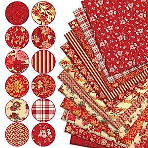JarThenaAMCS 12Pcs Red Floral Cotton Fabric Bundles Retro Flower Plaid Stripe Fat Quarters Decorative Quilting Patchwork for DIY Craft Home Party Decor, 18 x 22 Inch