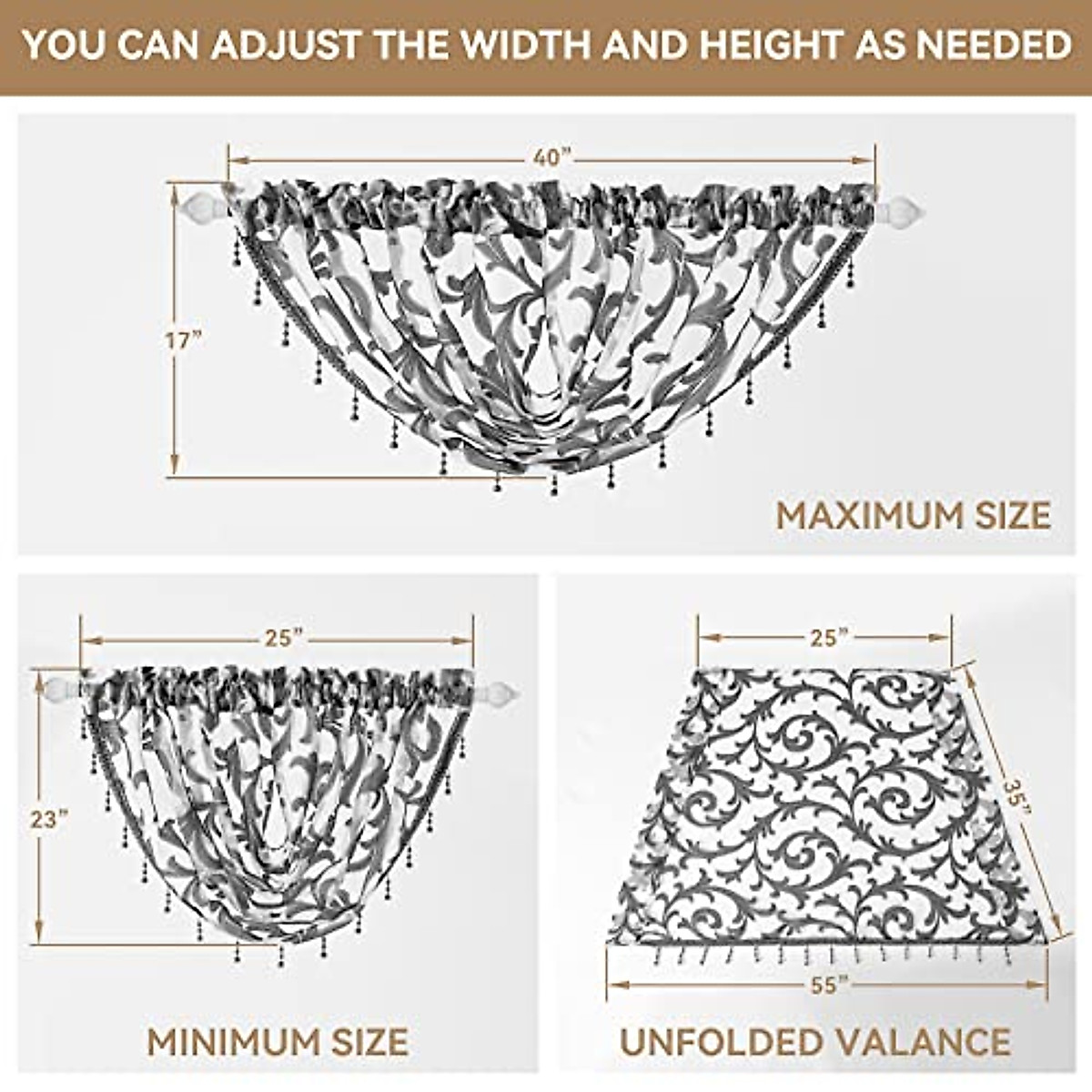 NAPEARL Swag Valance for Windows-Beige Organza Sheer Waterfall Valance, Elegant Beaded Valance Curtain for Bathroom, Kitchen, Small Windows (1 Valance, 57 x 37 Inch)