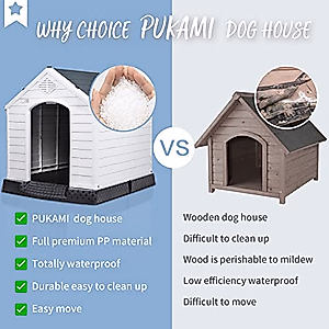 PUKAMI Durable Plastic Dog House with Elevated Floor and Air Vents for Outdoor Indoor Small Medium Large Dogs,Waterproof Ventilate & Easy Clean and Assemble(Grey, 42inch)