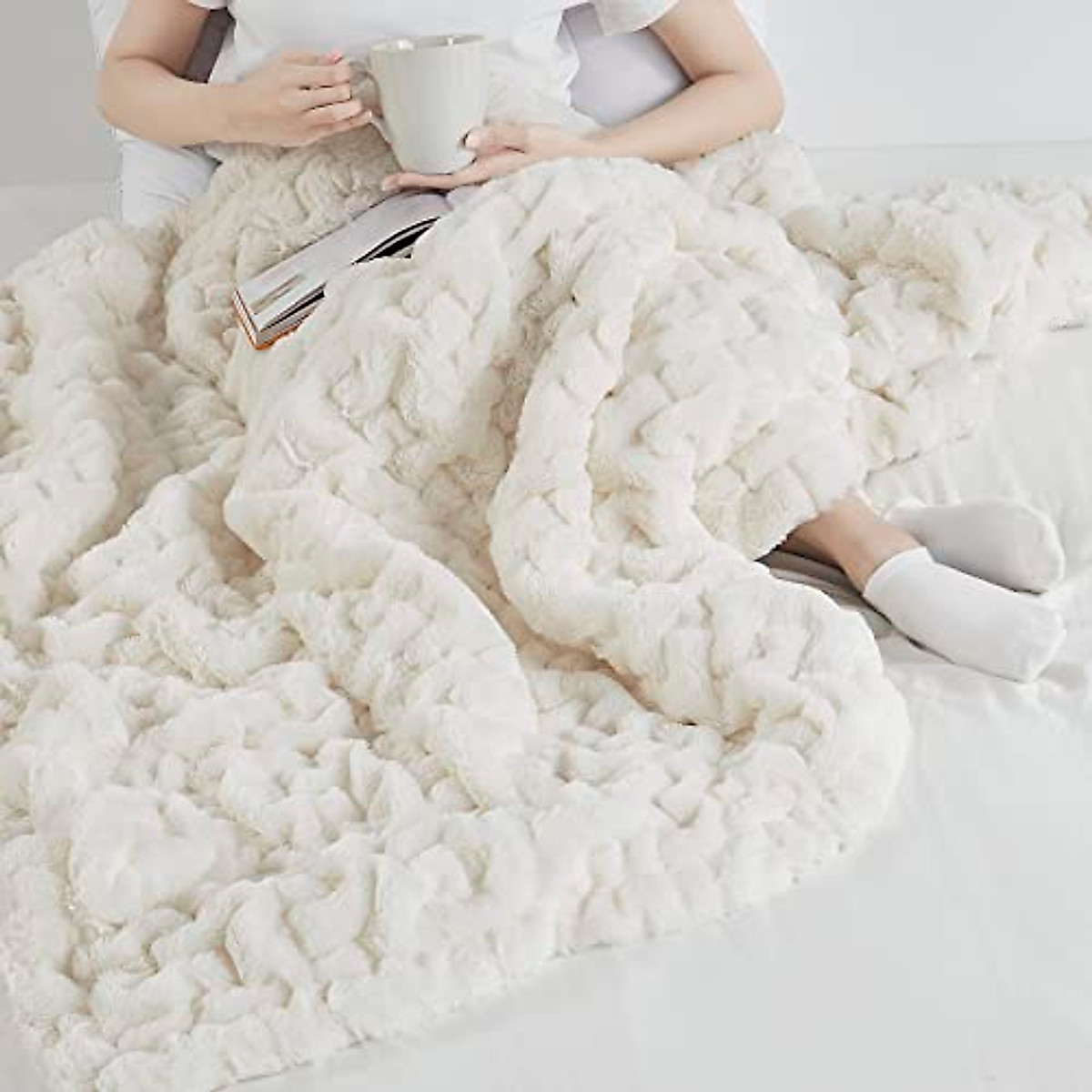 Madison Park Ruched Fur Luxury Throw Premium Soft Cozy Brushed Long Faux Fur For Bed, Couch or Sofa , 50x60" , Ivory