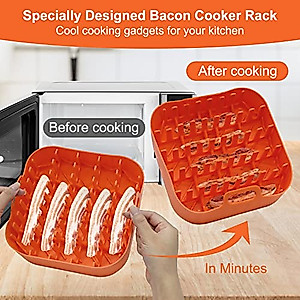 Lucorpor Silicone Bacon Cooker, Orange, Non-Stick, Microwave Oven, Bacon Rack, Tray and Grease Catcher, 9-Stripe, BPA Free