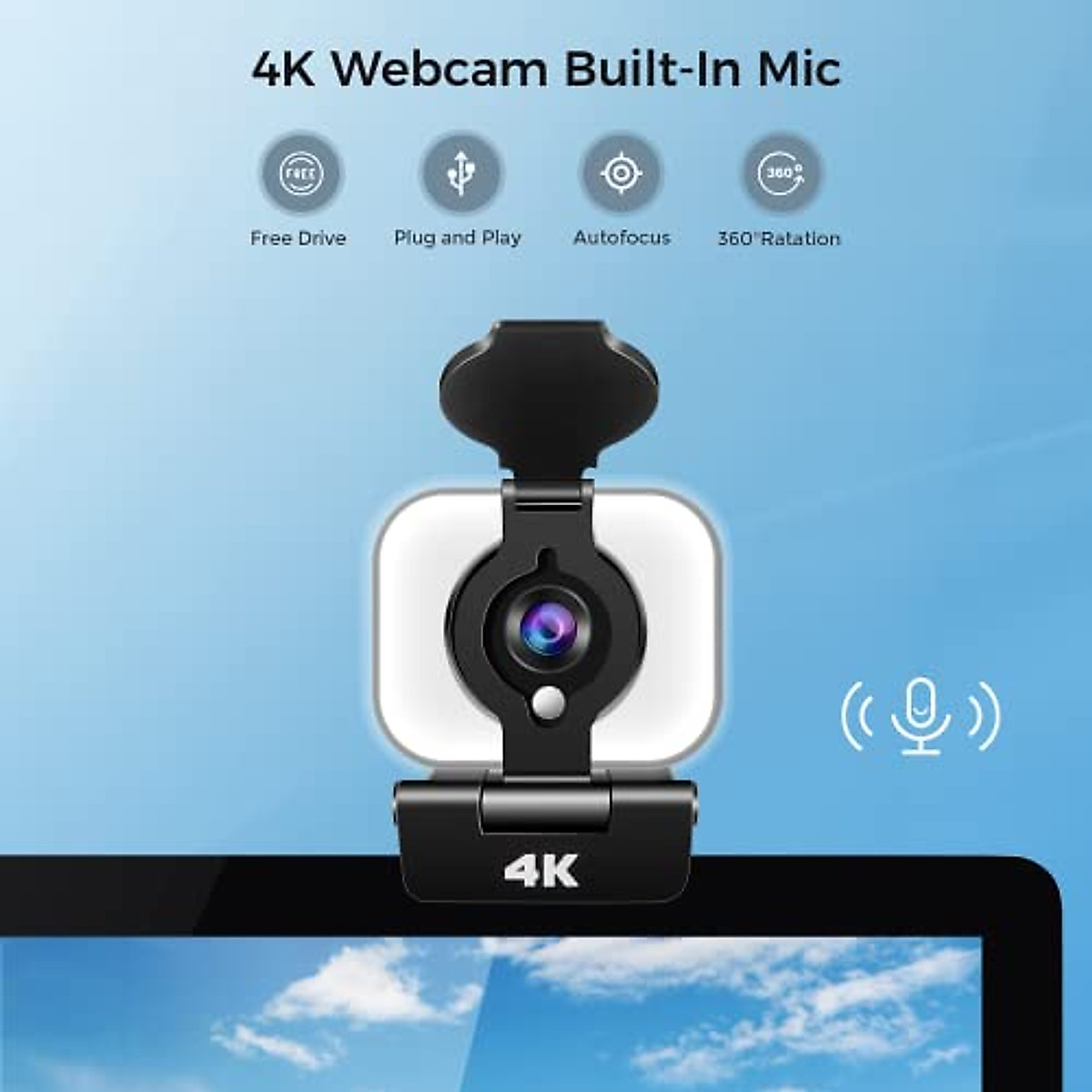 4K Webcam, USB Webcam with Microphone Privacy Cover UHD Built-in Ring Light Streaming Webcams for PC/MAC/Laptop, Plug and Play Web Camera for Video Calling, Study, Gaming, Online Classes, Conference