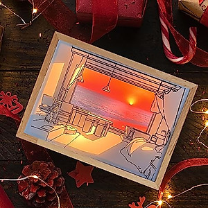 JANARARY Decorative Lamp on Desk, Warm Seaside Design Desktop Illustration Light, USB Low Power Desk Lamp with Morning/Afternoon/Sunset 3 Modes