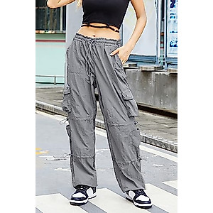 QYANGG Baggy Parachute Pants for Women& Girls Drawstring Elastic Low Waist Ruched Cargo Pants Multiple Pockets Jogger Y2K Grey