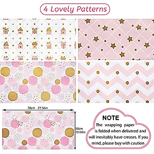 Larcenciel Gift Wrapping Paper, Birthday Wrapping Paper for Girl, Metallic Gold Foil Wrapping Paper, Pink Gift Wrap for Birthday, Valentines Day, Christmas, Wedding, Baby Shower,4 Sheets 27.5x19.6inch